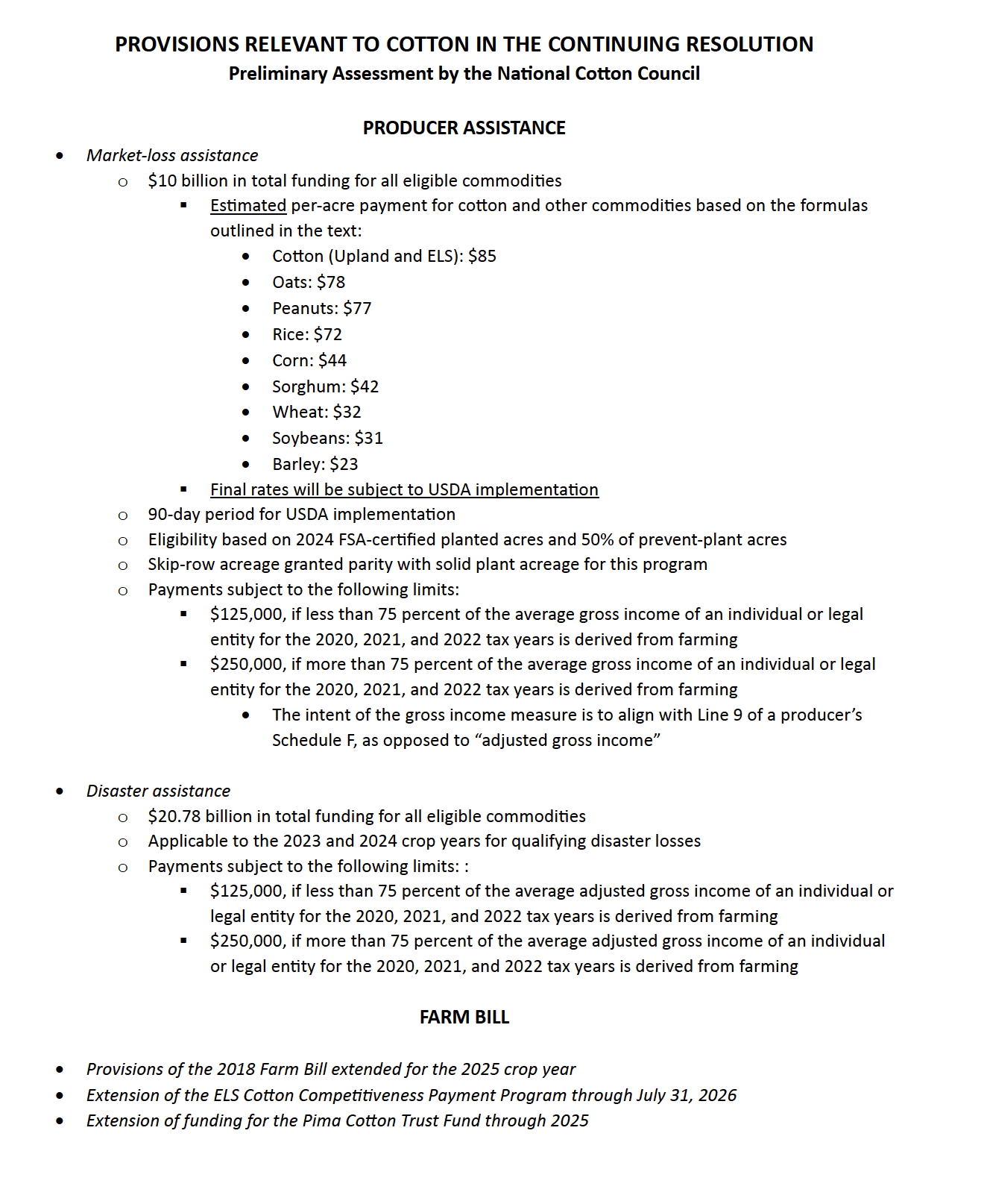 Preliminary Assessment of Ag Payments from CR by National Cotton Council